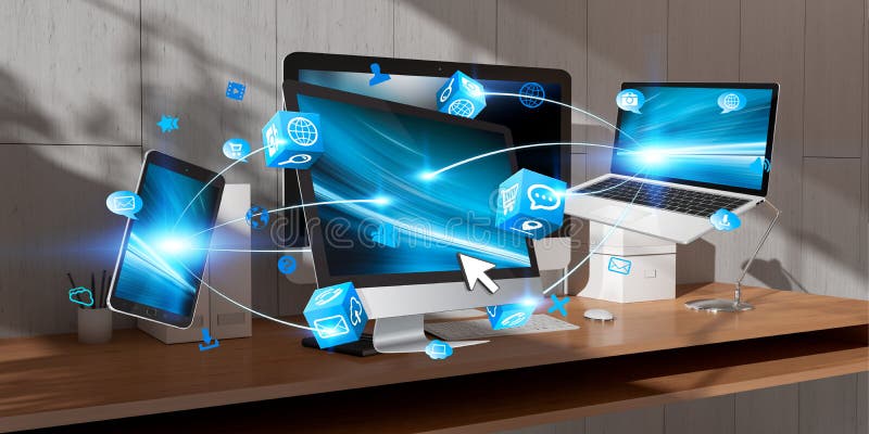 Modern Devices on Desktop Interior 3D Rendering Stock Illustration ...