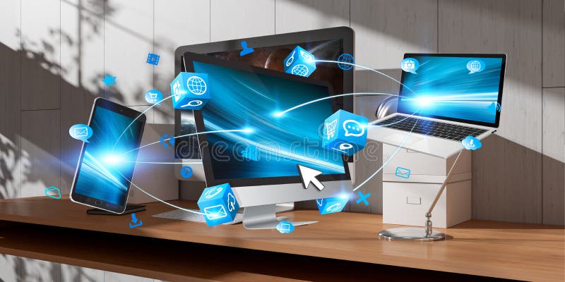 Modern Devices on Desktop Interior 3D Rendering Stock Illustration ...