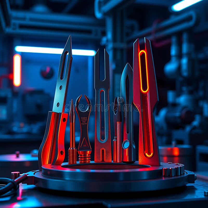 Modern Die Tools Glowing Under Blue and Orange Neon Lights with a ...