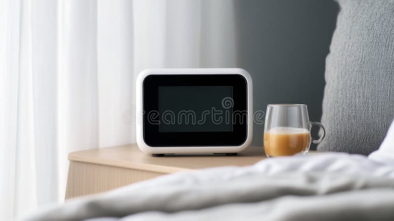 A Modern Digital Alarm Clock on a Nightstand Displaying a Spring Forward Reminder for Daylight ...