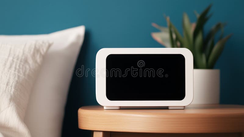 A Modern Digital Alarm Clock on a Nightstand Displaying a Spring Forward Reminder for Daylight ...