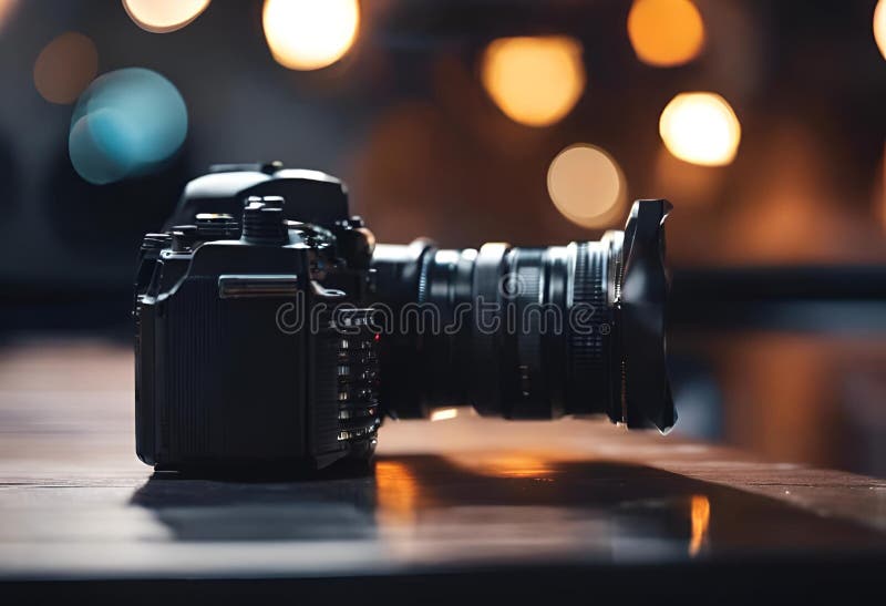 Modern Digital Camera with Bokeh Background Stock Illustration ...