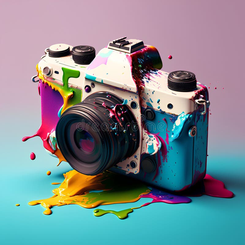 Modern Digital Camera and Colorful Paint Splashes. 3d Render ...