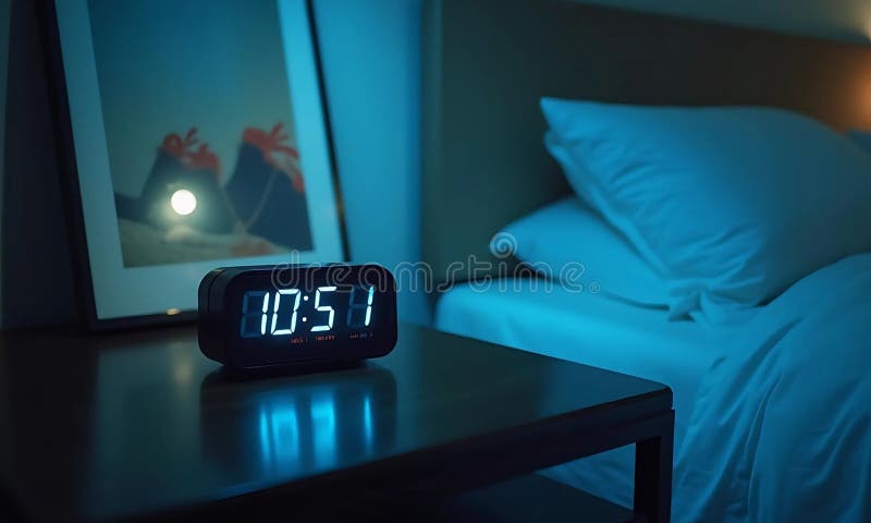 Modern Digital Clock on Bedside Table in Dark Bedroom Interior Stock ...