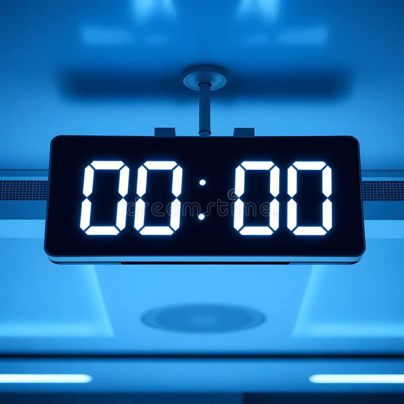 Modern Digital Clock Displaying Zero Hour in a Blue-Lit Industrial ...