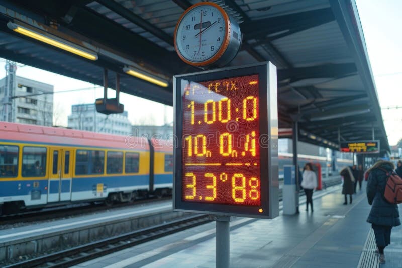 Modern Digital Clock at a Train Station with a Train in the Background ...