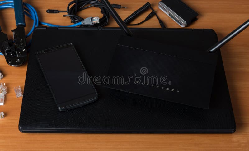 Modern Digital Communication Devices, Tools for Connection, on Table ...