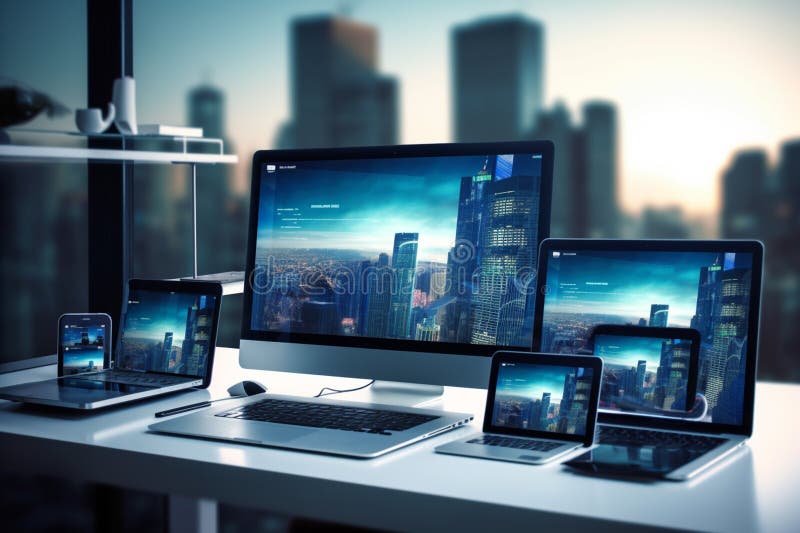 Modern Digital Devices on Table in Office with City View. 3D Rendering ...
