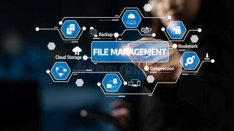 Modern Digital File Management Concepts with Icons for Cloud Storage, Backup, Compression, and ...