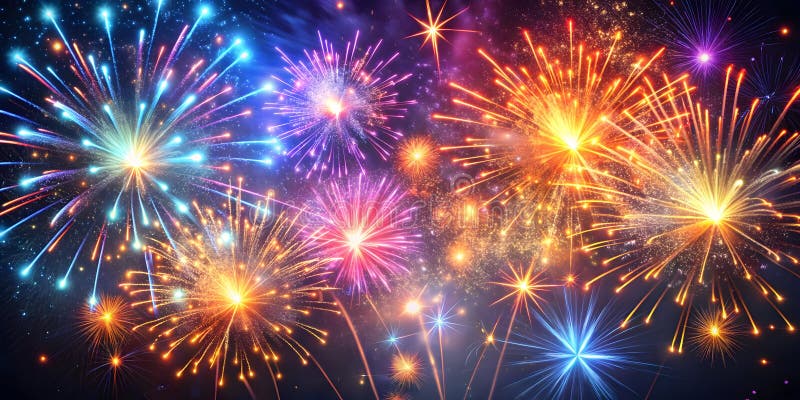 Modern Digital Fireworks with Light Streaks and Glowing Particles Stock ...