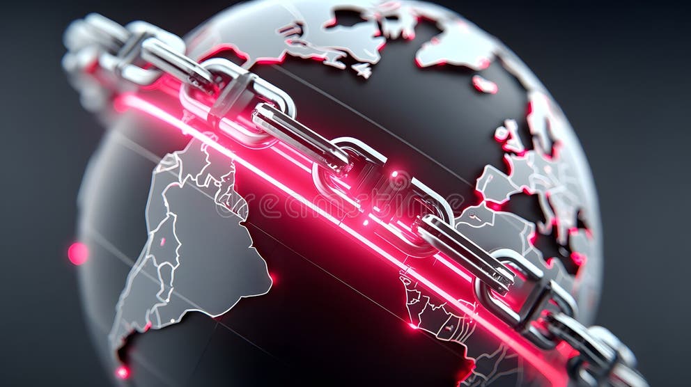 A Modern Digital Globe Connected by Metallic Chains Illuminated in Red ...