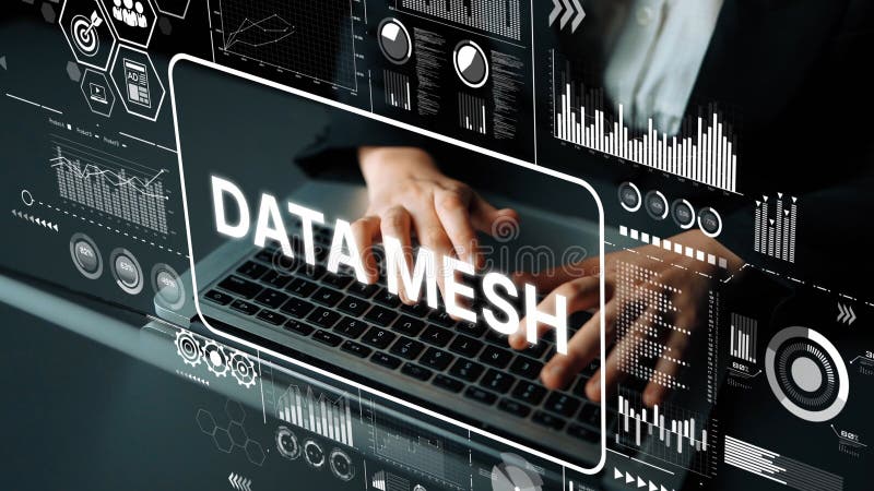 Modern Digital Interface Featuring Data Mesh Concept with Graphs and Statistics on Computer ...