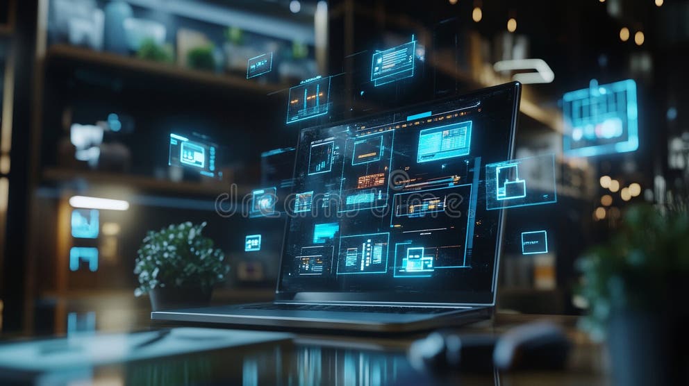 Futuristic Laptop Screen Digital Interface Technology Data Network Modern Blue Neon Code Cyber ...