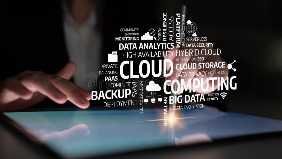 Modern Digital Interface Showcasing Cloud Computing Concepts with Data Analytics, Hybrid Cloud ...