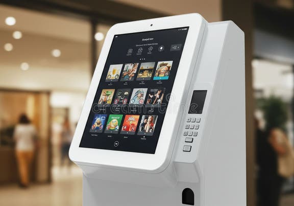 A Modern Digital Kiosk with a Large Touchscreen Interface Displaying a ...