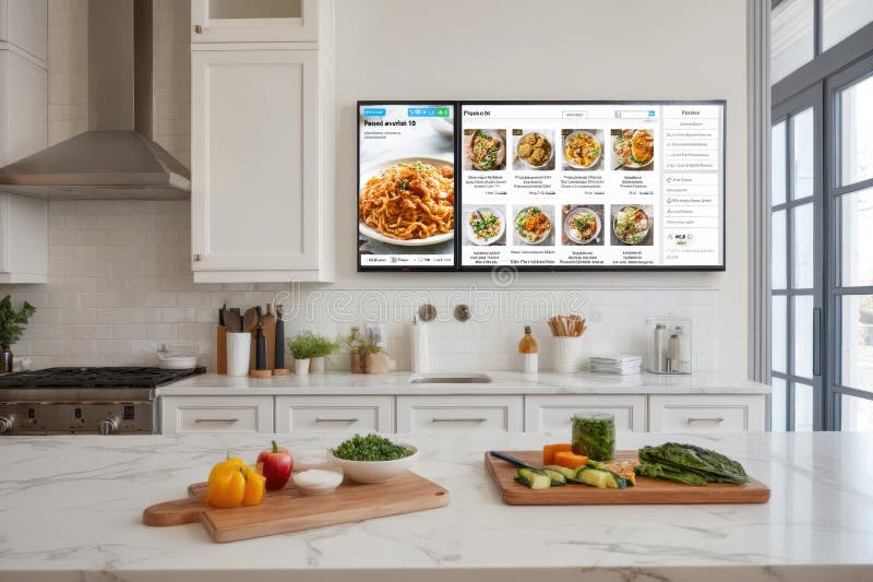 Modern Digital Kitchen Featuring Meal Plans on Screen with Fresh ...