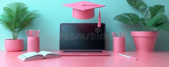 Modern Digital Learning Setup with Laptop, Book, and Floating ...