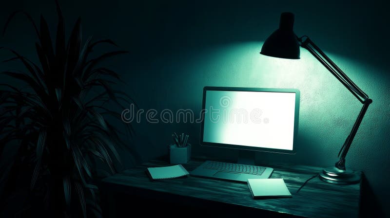 Modern Digital Learning Workspace with Computer and Desk Lamp in Dimly ...