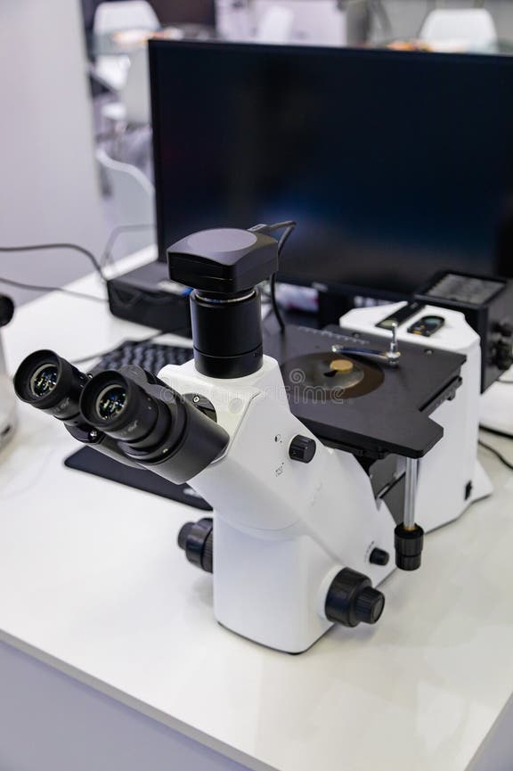 Modern Digital Microscope Stands on Laboratory Table with Computer ...