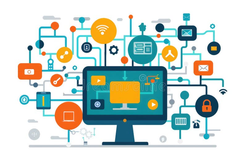 Modern Digital Network Concept with Icons and Computer in a Connected ...