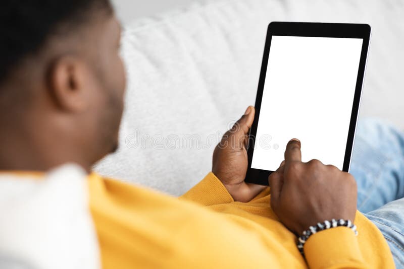 Modern Digital Tablet with Blank Screen in Black Guy Hands Stock Photo ...