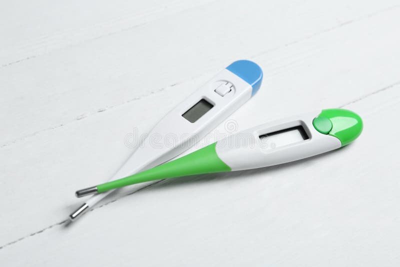 Modern Digital Thermometers on White Background Stock Image - Image of ...