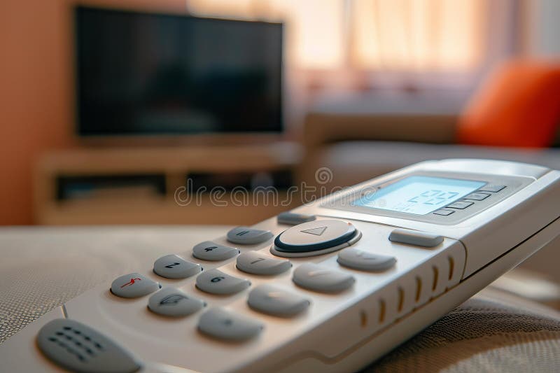 Modern Programming Thermostat Laying on Sofa with Tv in Background ... Modern Programming Thermostat Laying on Sofa with Tv in Background ...