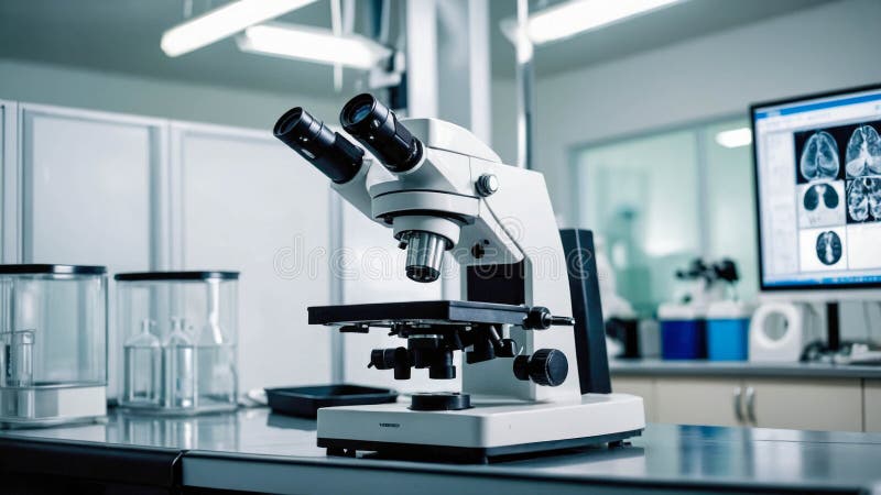 A Modern Digital Trinocular Microscope Stands on a Laboratory Table ...