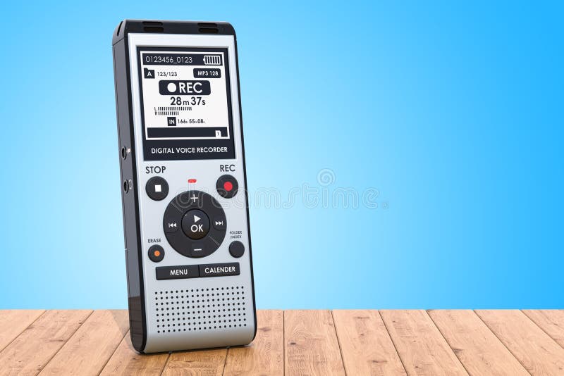 Modern Digital Voice Recorder, Dictaphone on the Wooden Table. 3 Stock ...
