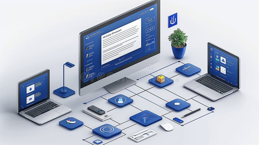 Modern Digital Workspace with Connected Devices Stock Illustration ...