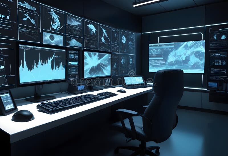 Modern Dimly Lit Control Room With Multiple Computer Monitors Displaying Data Visualizations