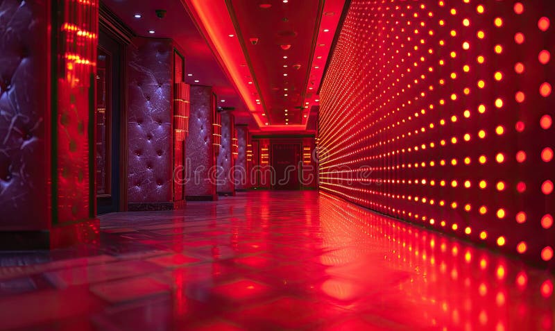 Modern, Dimly Lit Hallway with Red Atmospheric Lighting, Featuring a ...