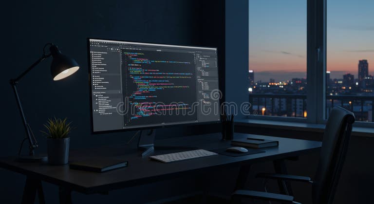 A Modern, Dimly-lit Workspace Features a Large Computer Monitor ...