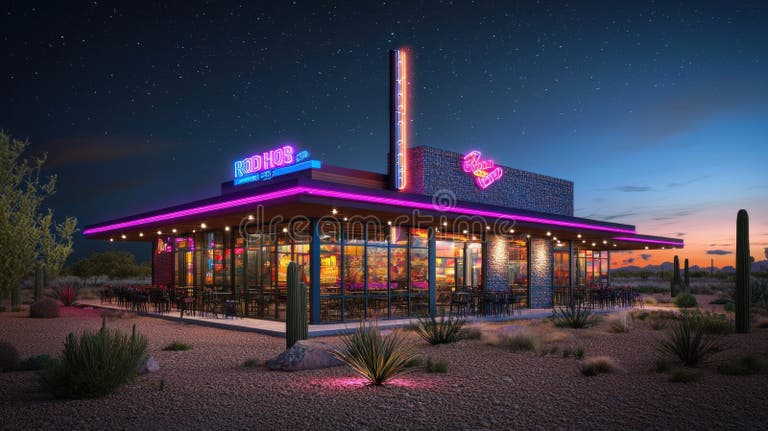 Retro Desert Diner at Twilight with Neon Lights Stock Illustration ...