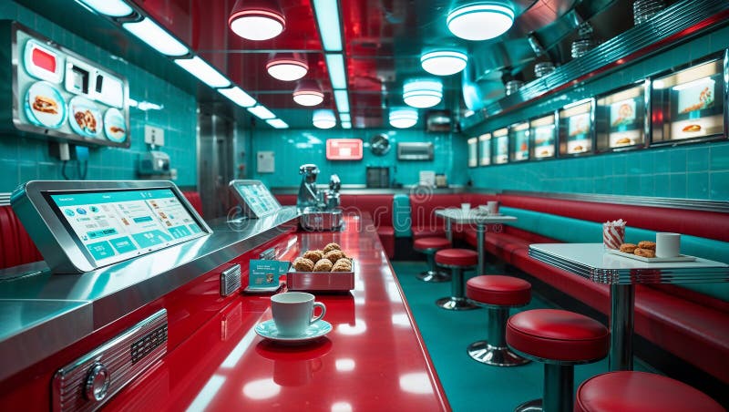 Modern Diner Interior Showing Ordering Screens and Red Counter Stock ...