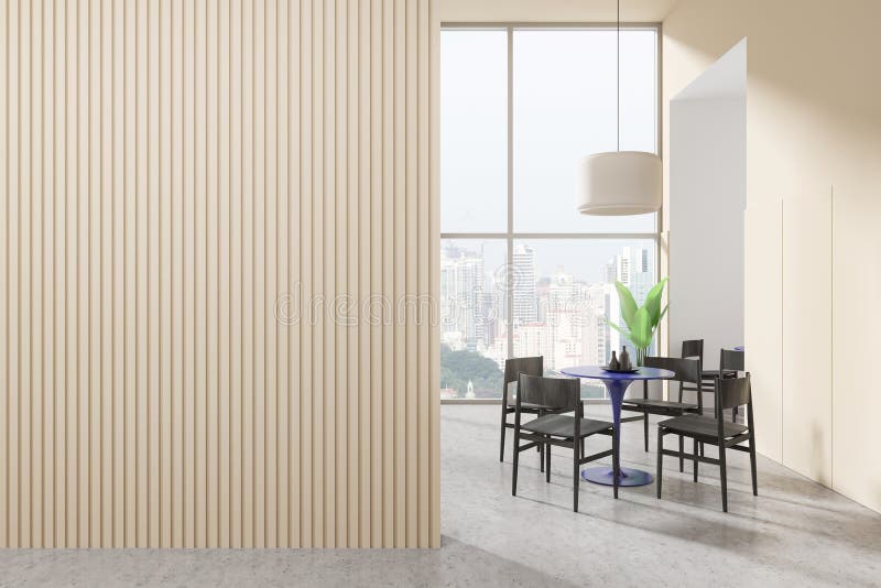 Modern Dining Area with Large Window and Empty Vertical Slat Wall. 3D ...