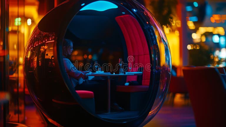 A Modern Dining Experience Captured within a Unique Bubble Booth. the Vibrant Colors Create an ...