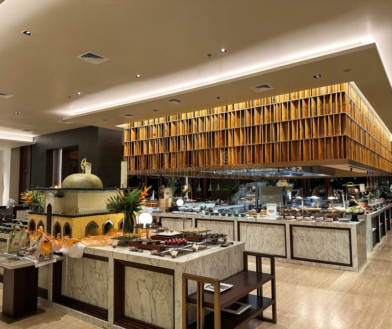 Modern Dining Restaurant Interior Featuring Elegant Buffet Station and ...