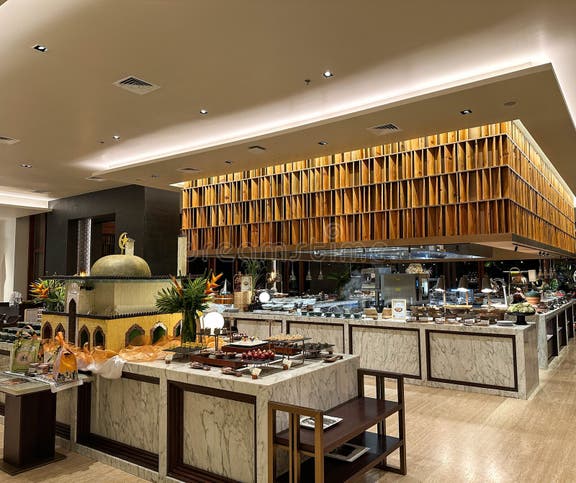 Modern Dining Restaurant Interior Featuring Elegant Buffet Station and ...