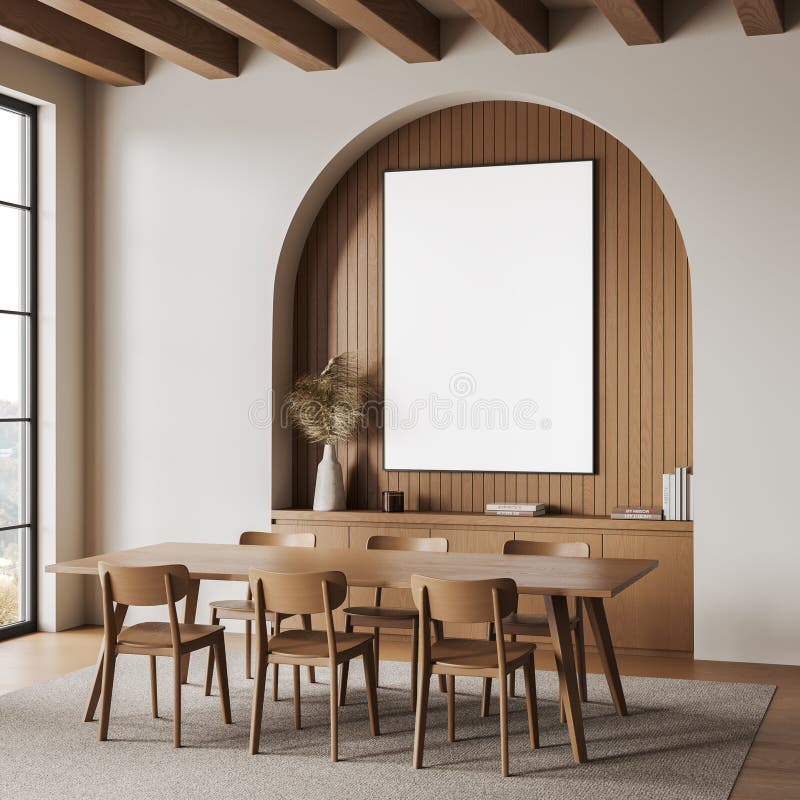 Modern Dining Room with a Blank Poster on a Wooden Wall. 3D Rendering ...