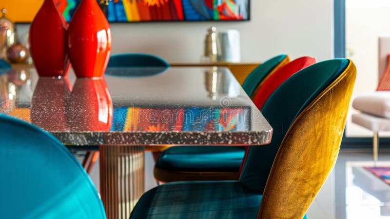 Modern Dining Room with Colorful Chairs and Reflective Table Stock ...