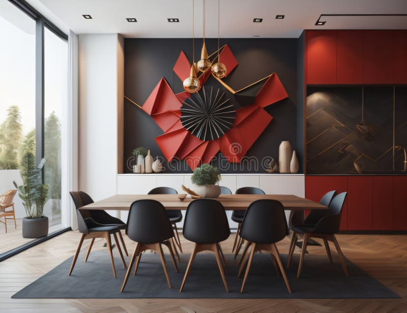Modern Dining Room Design with Red Walls, Equipped with Glass Walls ...