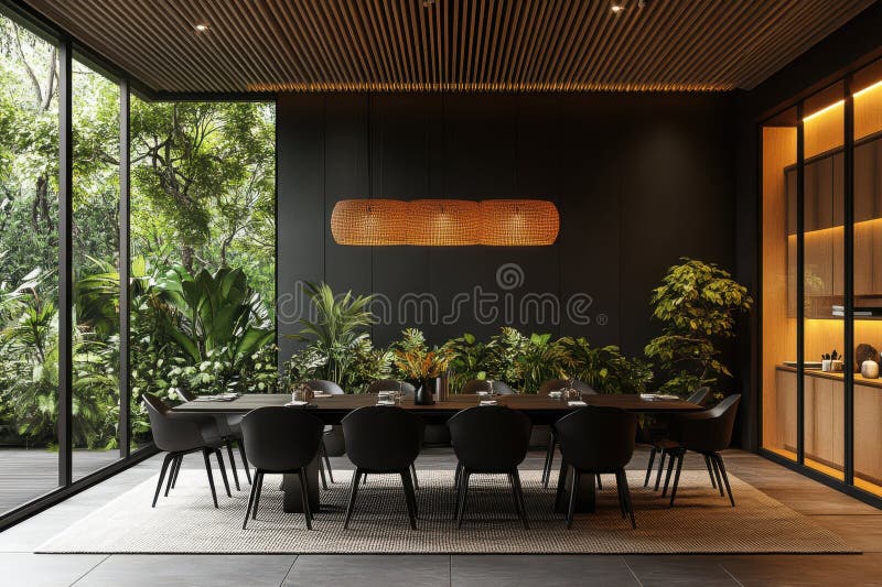 Modern Dining Room Design Tropical View Black Chairs Wooden Table Stock ...