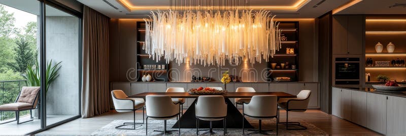 Modern Dining Room with Elegant Lighting and Sleek Furniture in a ...