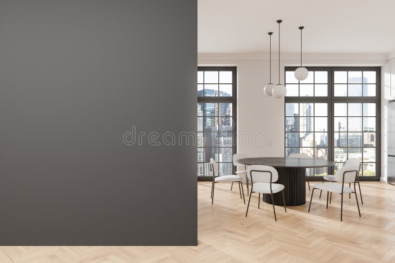 Modern Dining Room with Empty Grey Wall Mockup. 3D Rendering Stock ...