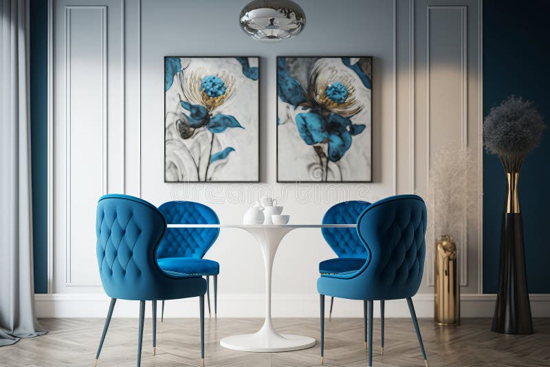 Modern Dining Room Interior with Blue Chairs Around a Table, Generative ...