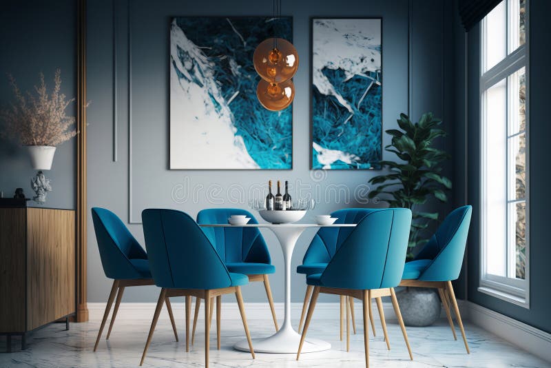 Modern Dining Room Interior with Blue Chairs Around a Table, Generative ...