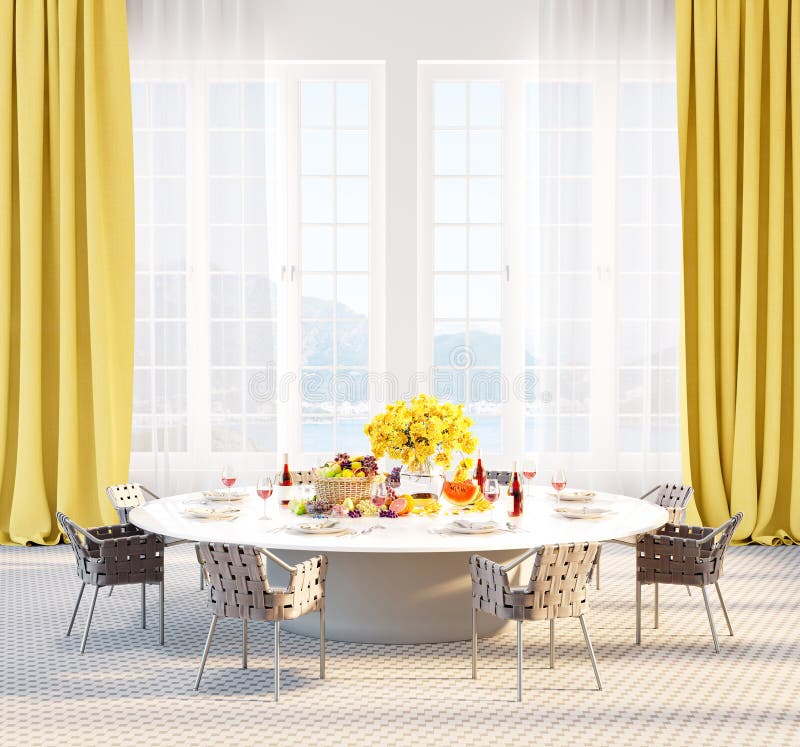 Modern Dining Room Interior Design with a Round Table Full of Food and ...