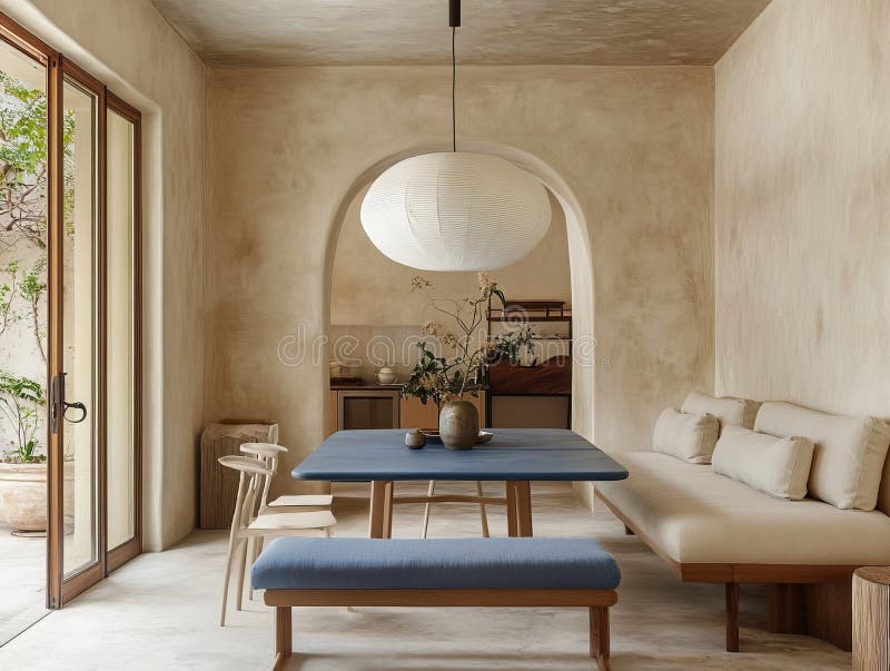 Modern Dining Room Interior with Plaster Walls and Natural Light Stock ...