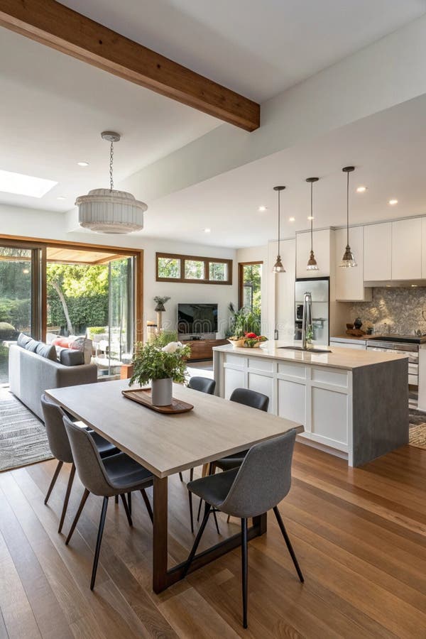 Modern Dining Room with Kitchen Counter Top and Living Room Stock Image ...